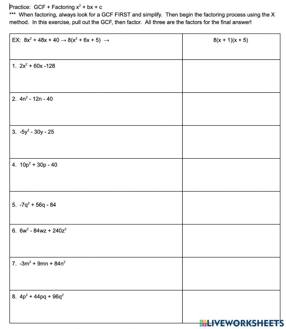 Gcf + Factoring Worksheet | Live Worksheets