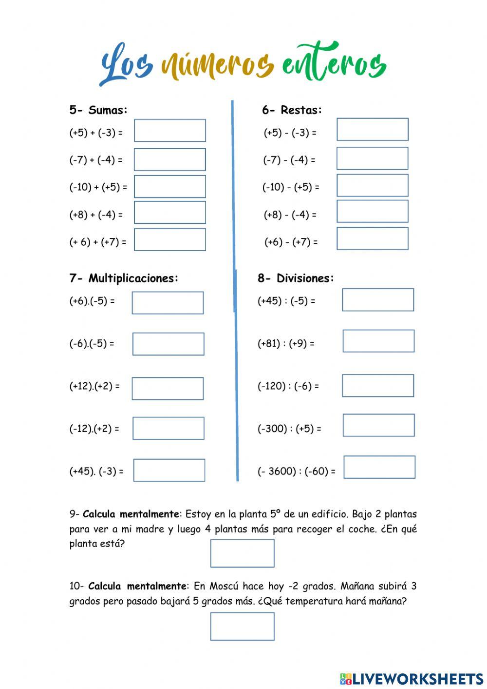 Los números enteros interactive activity | Live Worksheets
