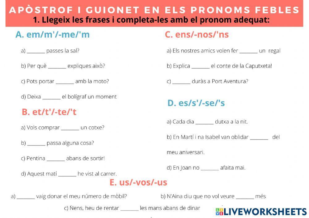 1A (S) Apòstrof i guionet en els pronoms febles online exercise for ...
