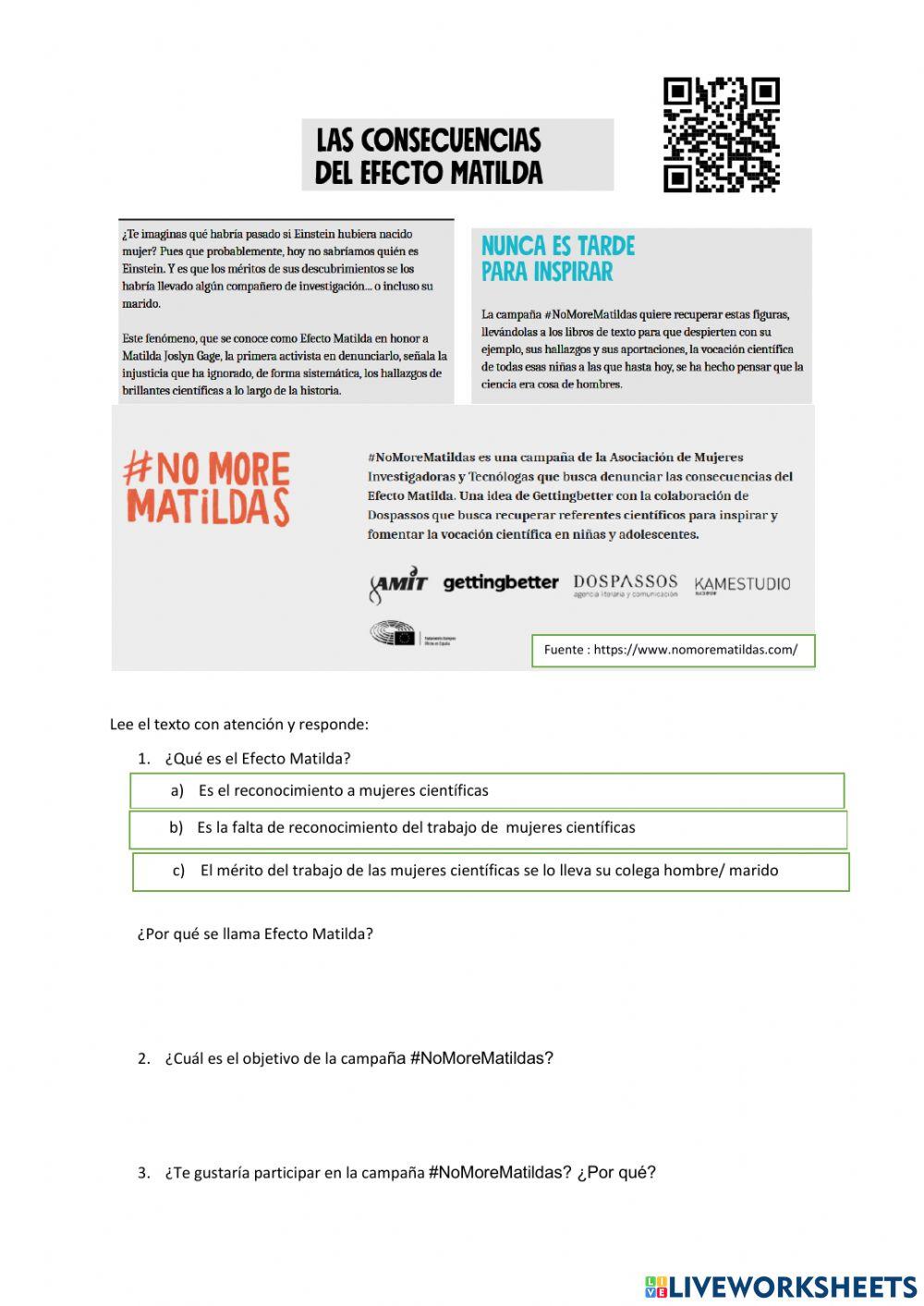 Campaña -NoMoreMatildas worksheet | Live Worksheets