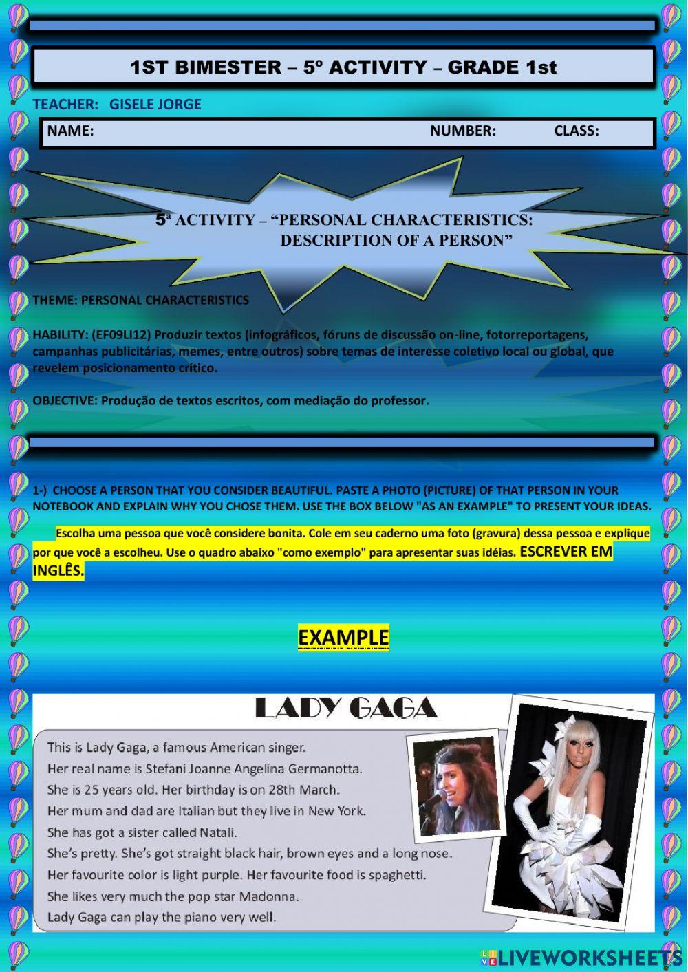 1st BIMESTER - 5ª ACTIVITY – “PERSONAL CHARACTERISTICS DESCRIPTION OF A PERSON” – GRADE 1st ...