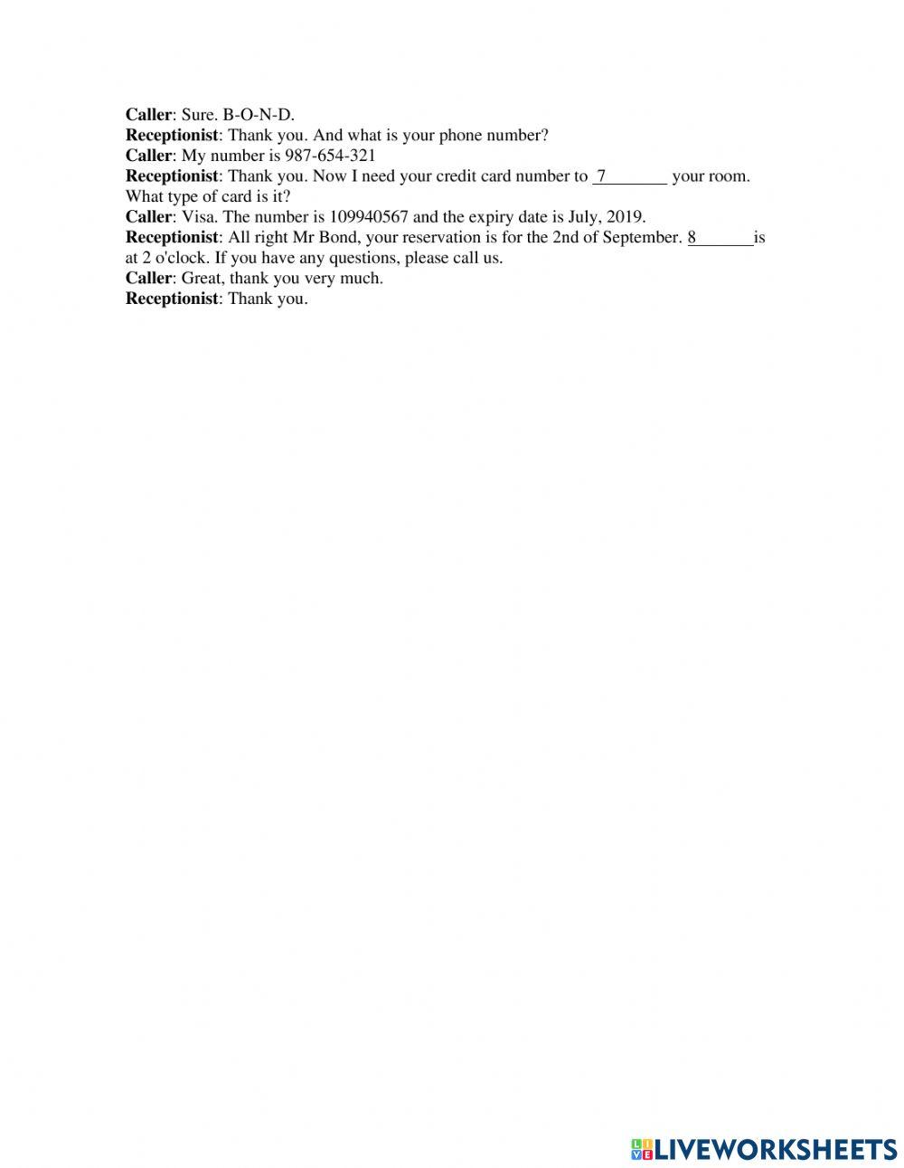 Hotel Reservati… | Free Interactive Worksheets | 800237