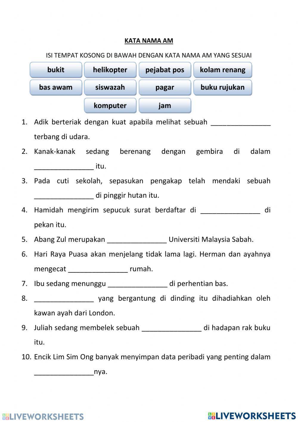 800243 | Latihan kata nama am | hafeez | LiveWorksheets