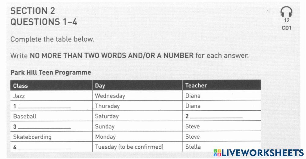 IELTS Listening - Table - List online exercise for | Live Worksheets