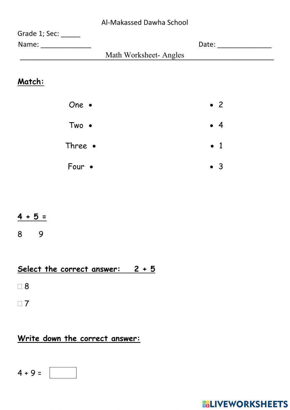 Math online exercise for 1 | Live Worksheets