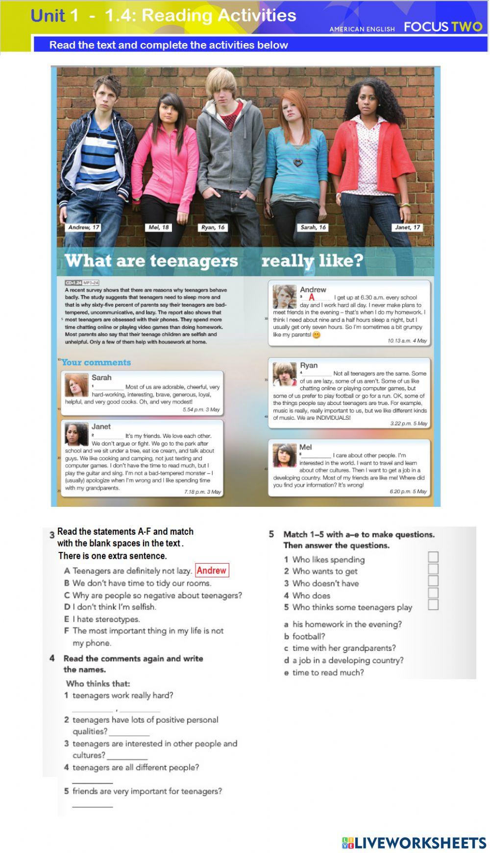 Unit 1 - REading activities online exercise for | Live Worksheets