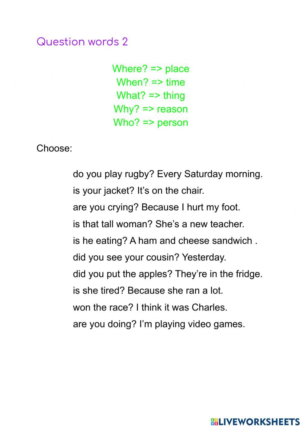 Question words online exercise for Grade 4 | Live Worksheets
