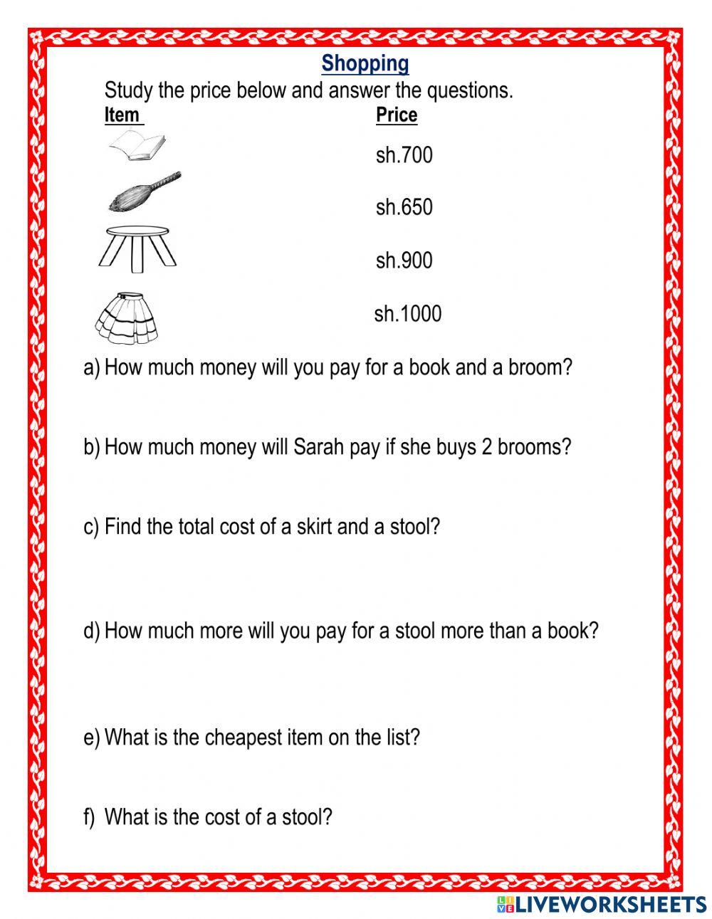 Shopping exercise for p2 | Live Worksheets