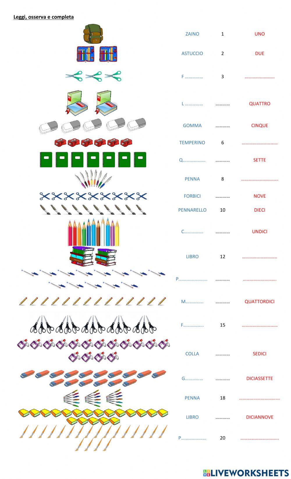 Oggetti scolastici e numeri worksheet | Live Worksheets