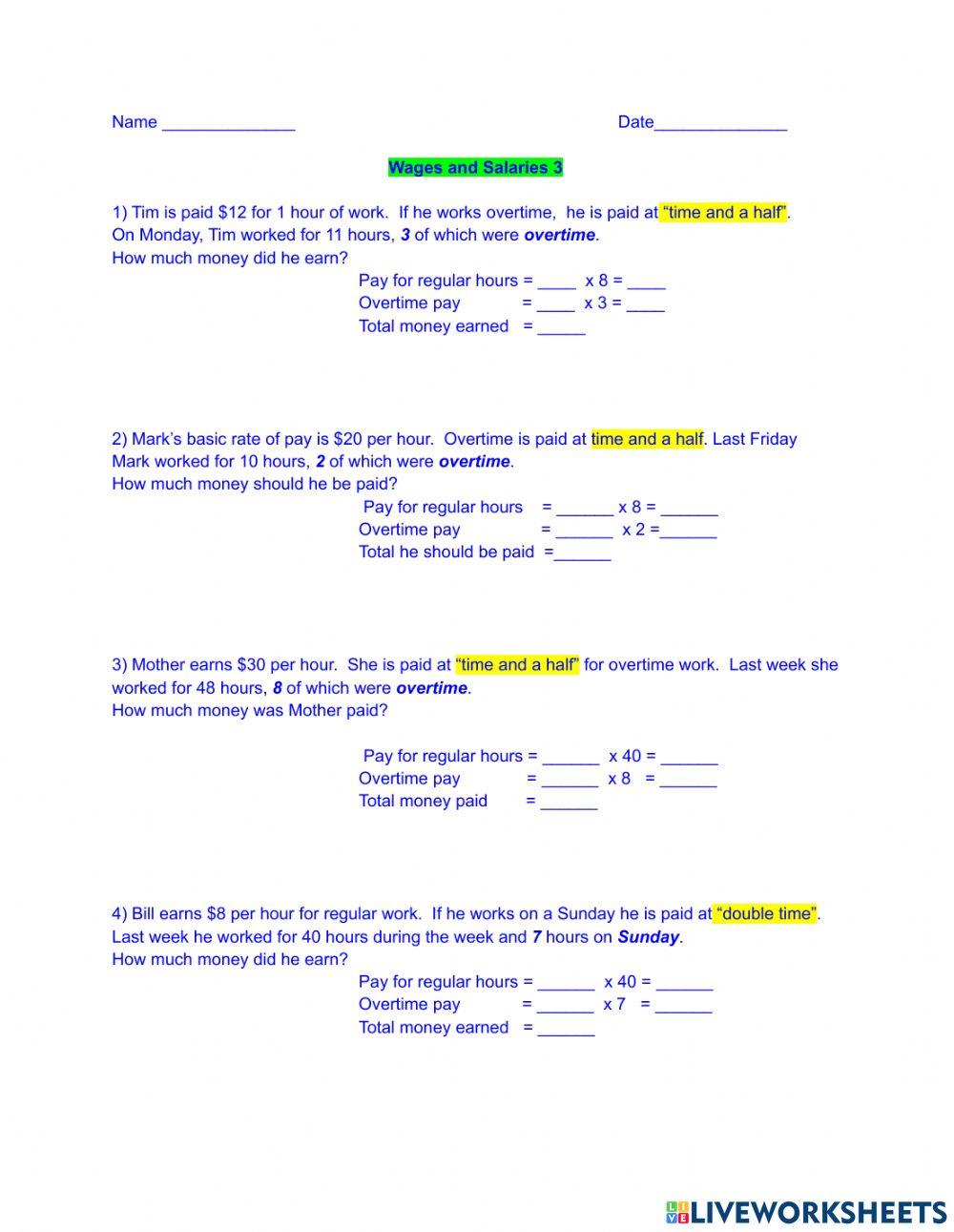 Wages and Salar… | Free Interactive Worksheets | 874959
