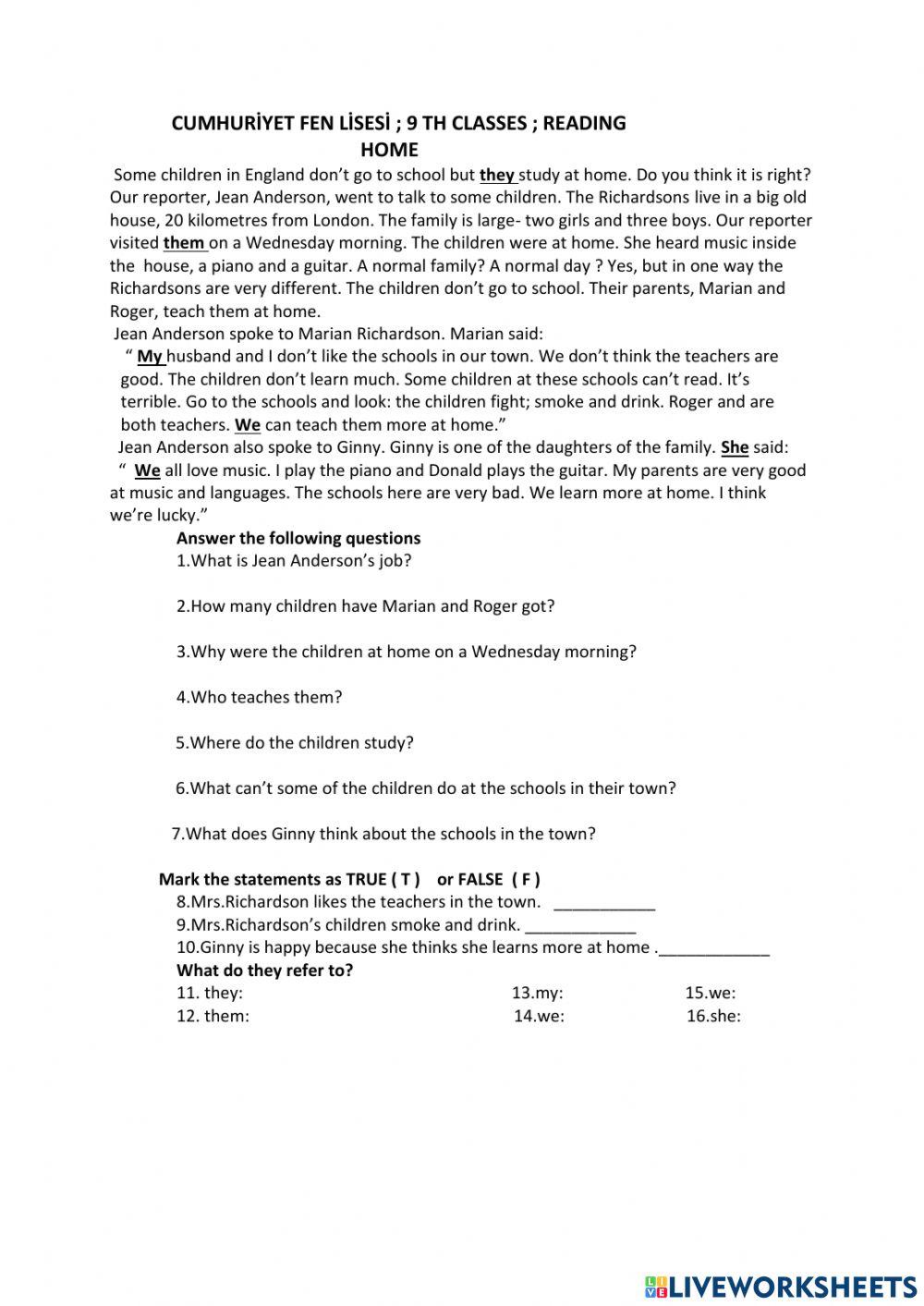 874949 | Reading a2 | Fulay Bozkurt | LiveWorksheets