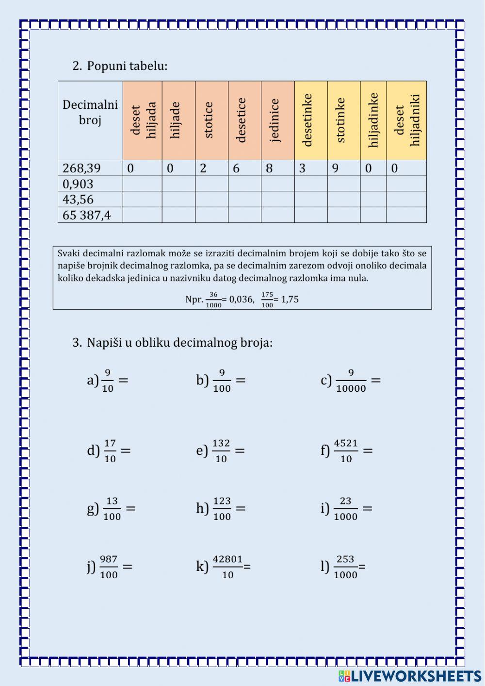 Decimalni i postotni zapis razlomka.Postotak-ponavljanje online ...