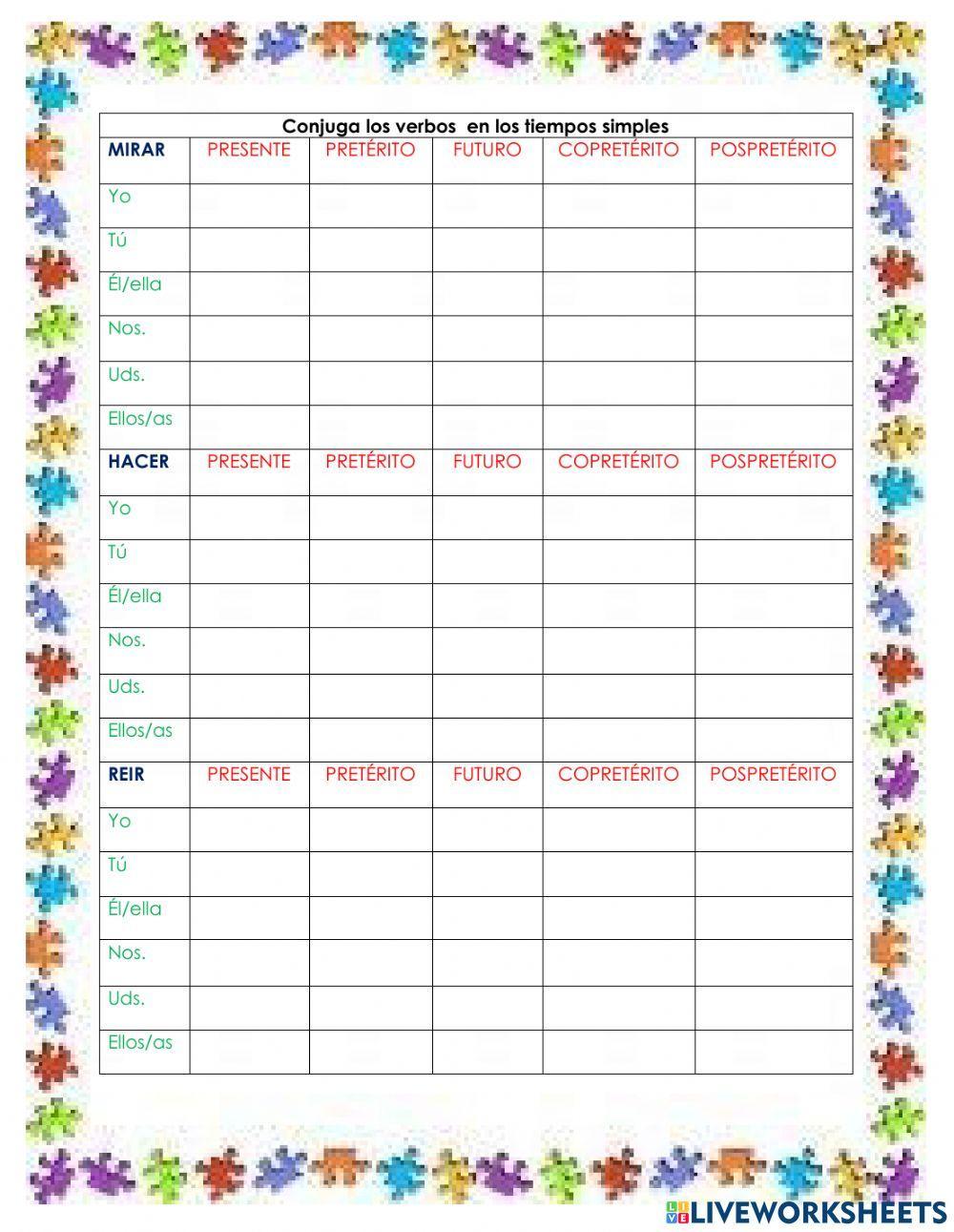 Conjugacion de verbos tiempos simples worksheet | Live Worksheets