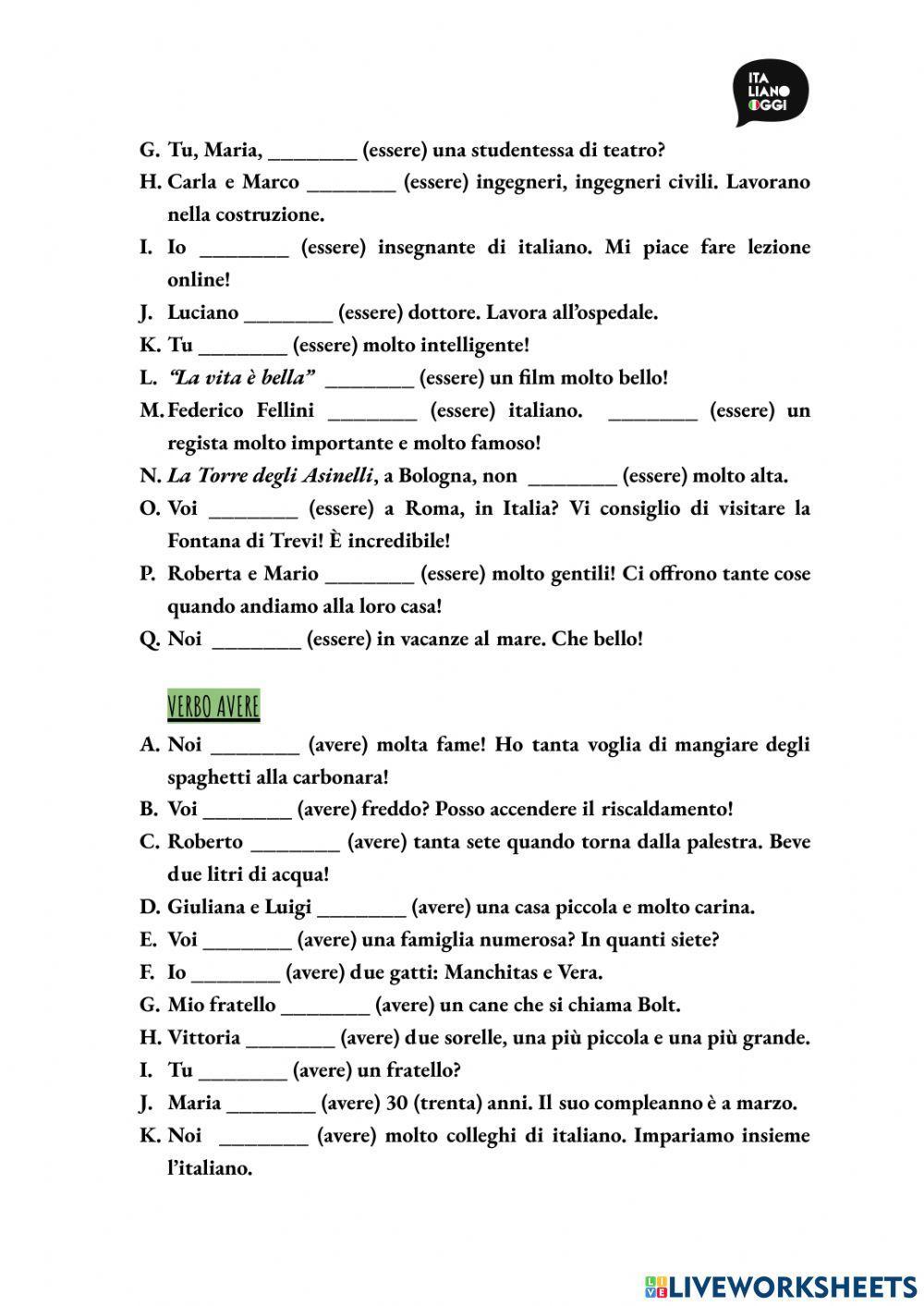 Essere e Avere | Free Interactive Worksheets | 896318