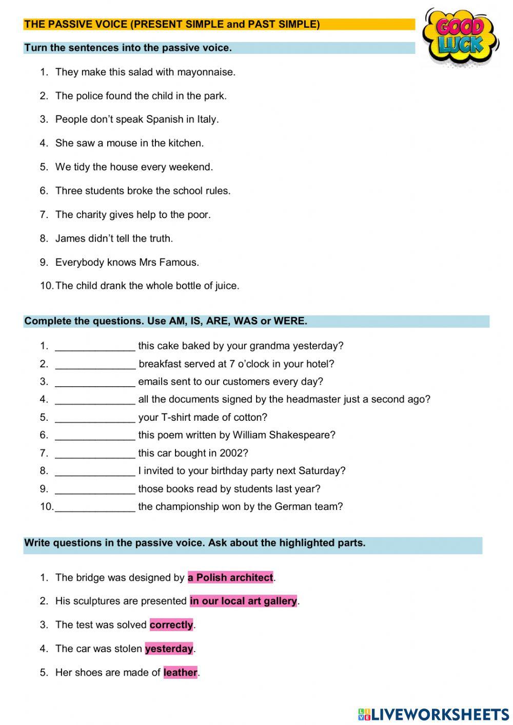 The Passive Voice (Present Simple and Past Simple) online exercise for ...