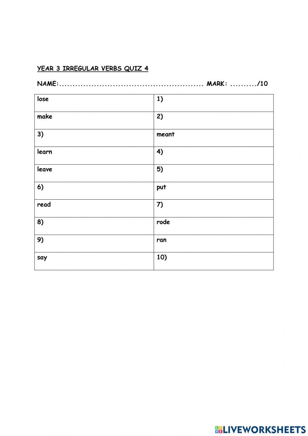 Irregular verbs quiz online exercise for GRADE 3 | Live Worksheets