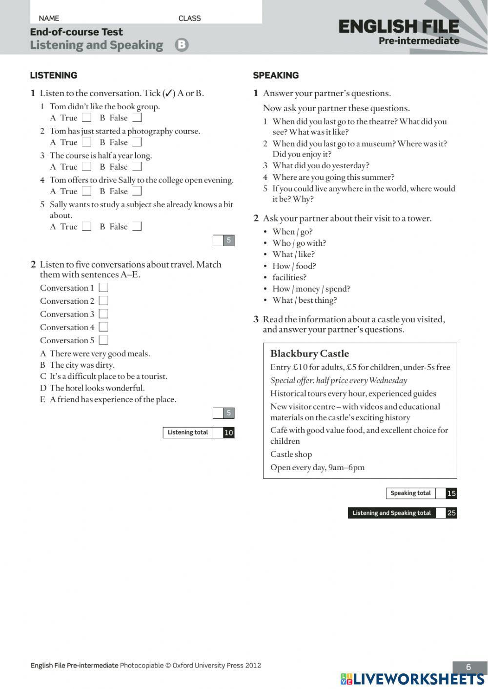 Pre-Intermediate The end of course test online exercise for | Live ...