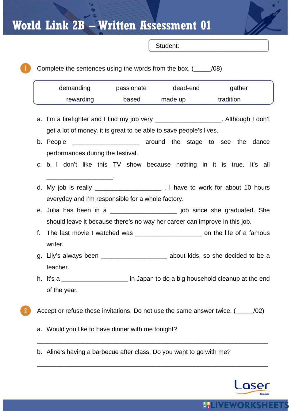 World Link 2 - Part B - Evaluation Exercises for Units 7 to 9 worksheet ...