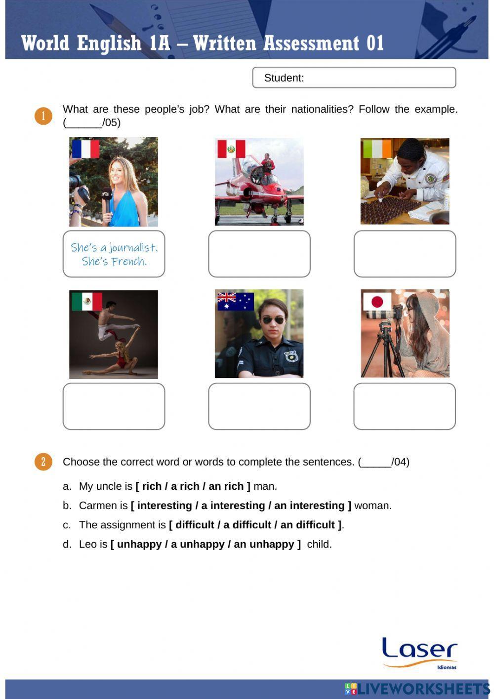 World English 1 - Part A - Evaluation Exercises for Units 1 to 3 worksheet | Live Worksheets
