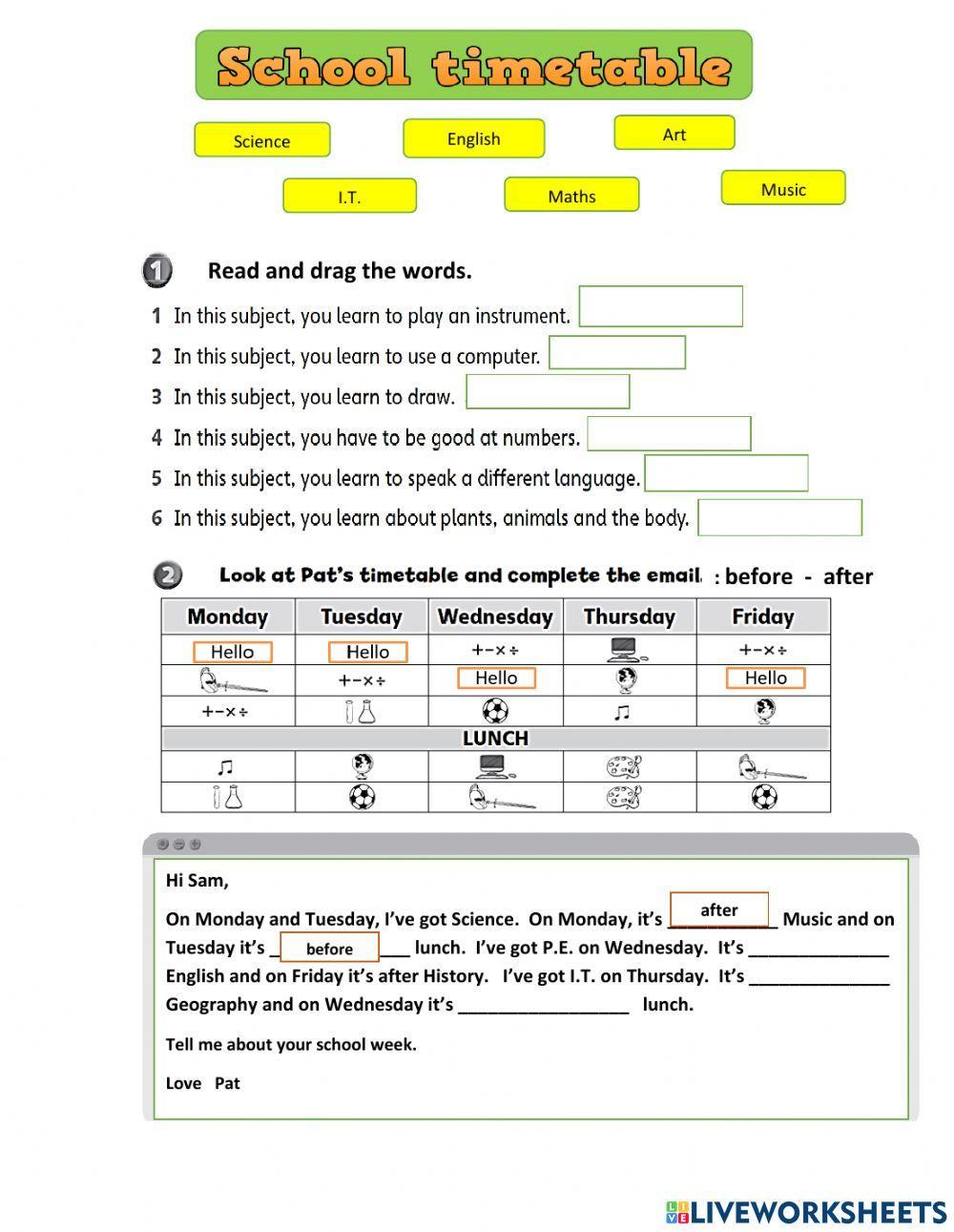 School timetable online activity for Third Grade | Live Worksheets