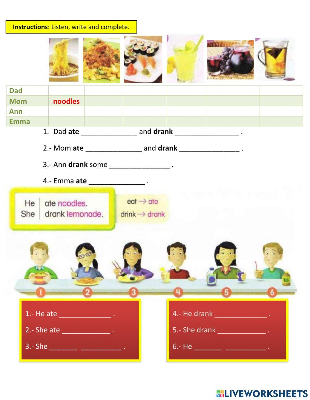 Past Simple ate drank worksheet | Live Worksheets