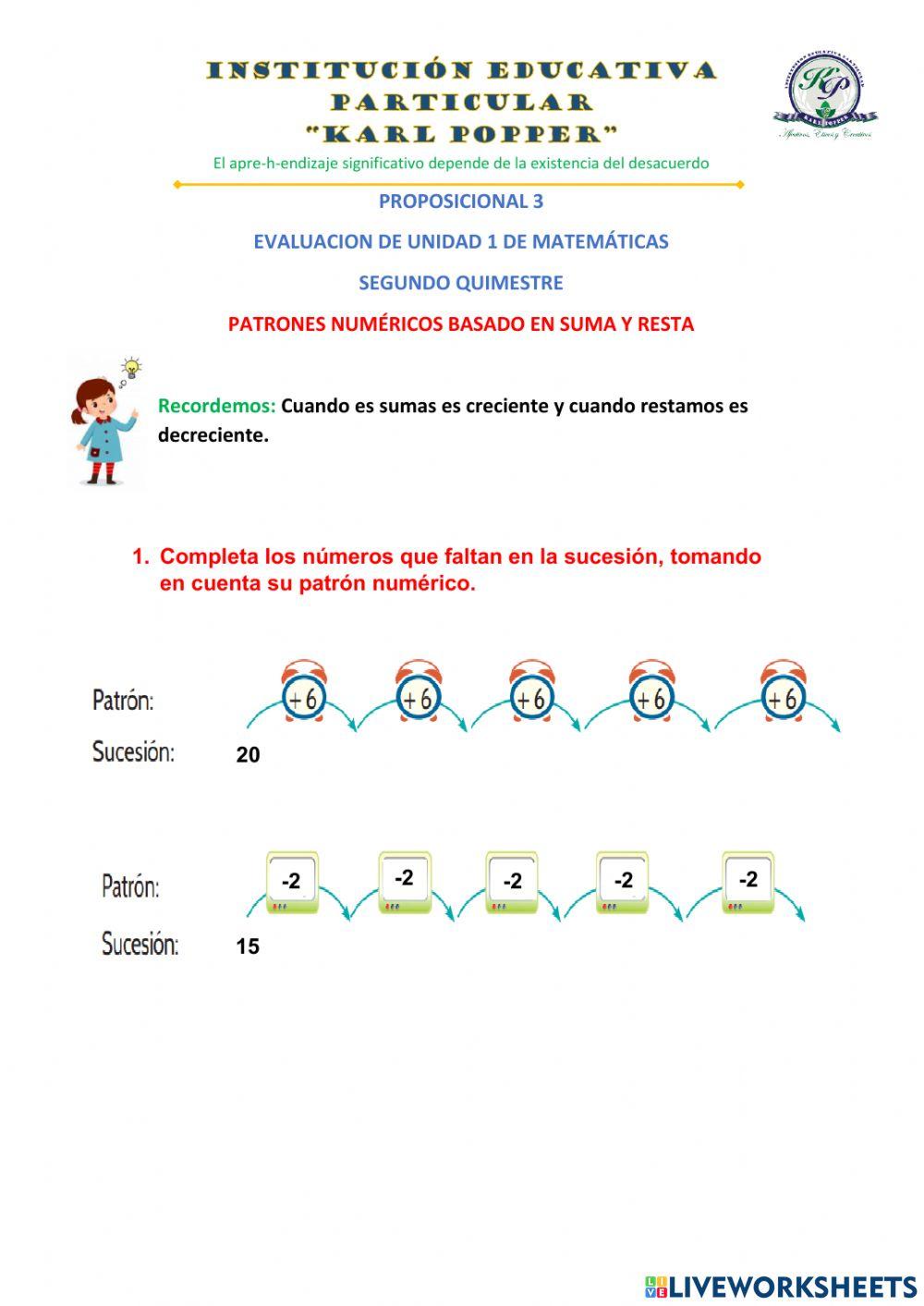 Patrones basados en sumas y restas worksheet | Live Worksheets