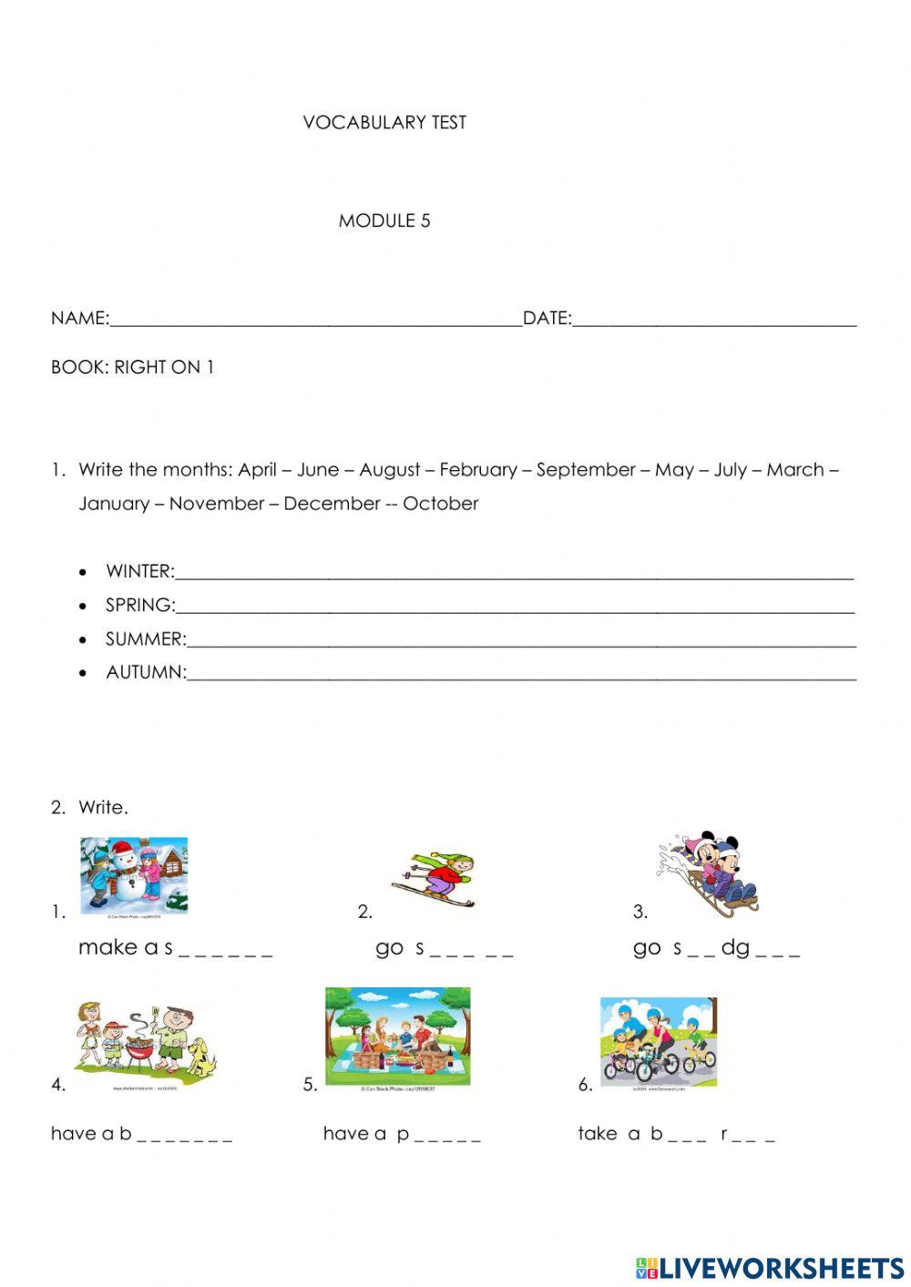 Vocabulary test: moduly 5, a' class worksheet | Live Worksheets