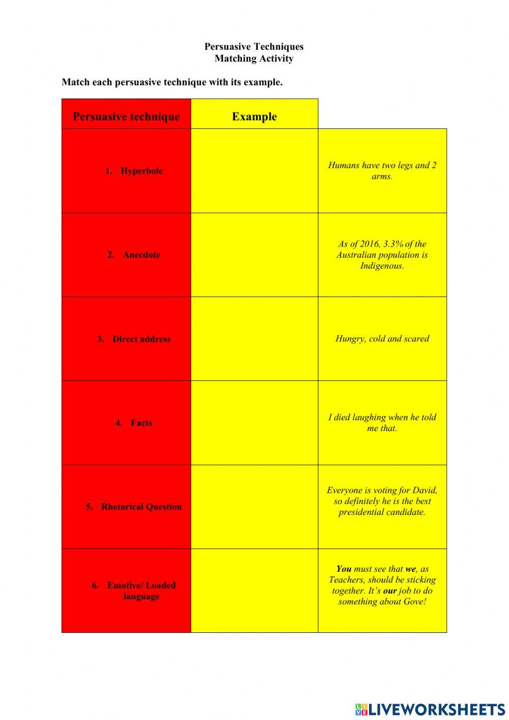 Persuasive Techniques EXAMPLES Match up Online Exercise For Live persuasive-techniques-examples-match-up-online-exercise-for-live