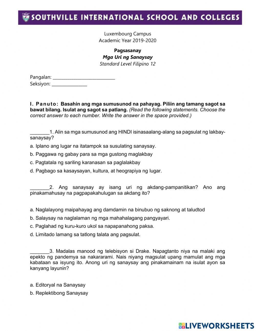 Sanaysay | Free Interactive Worksheets | 899156