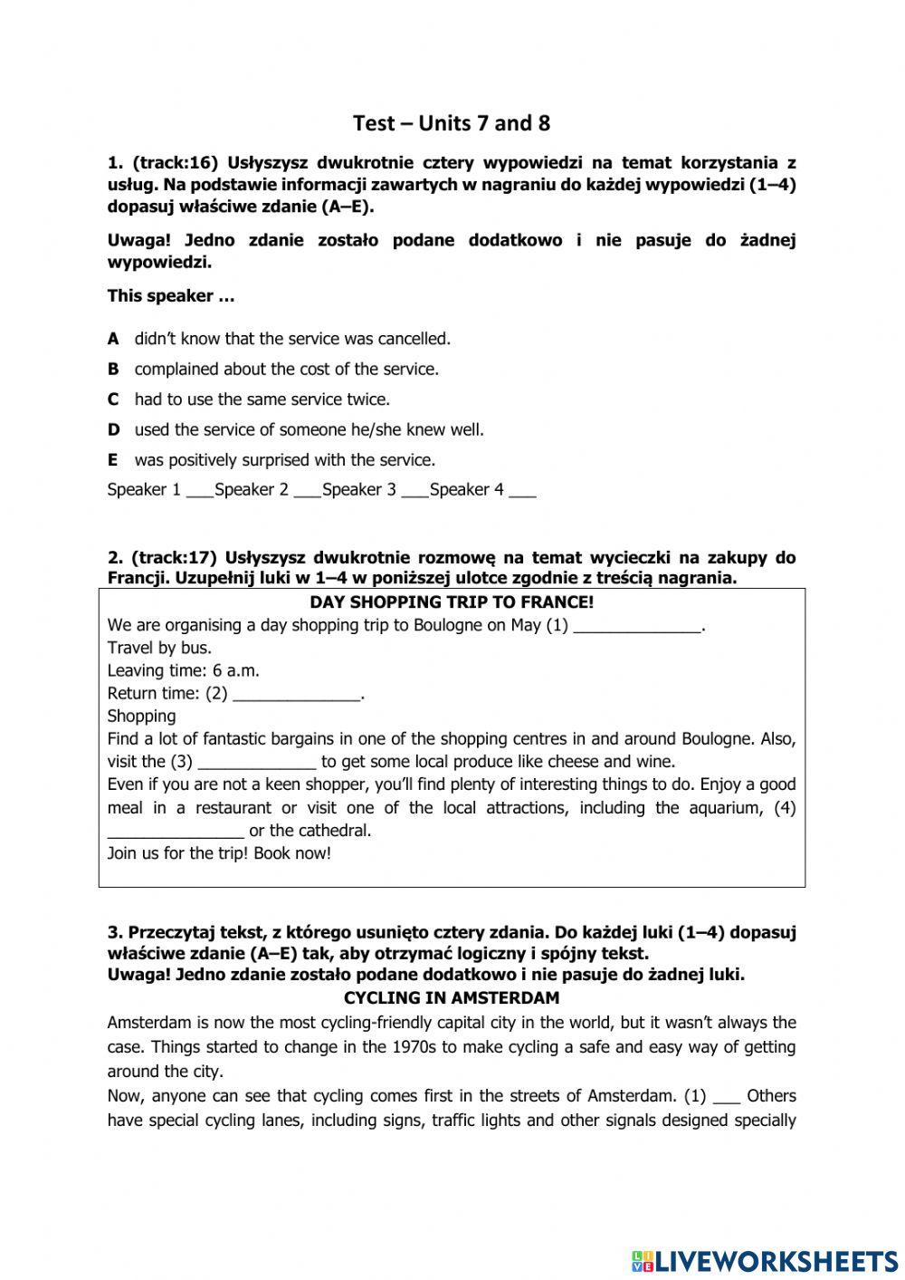 test - units 7 i 8 repetytorium ósmoklasisty online exercise for | Live ...