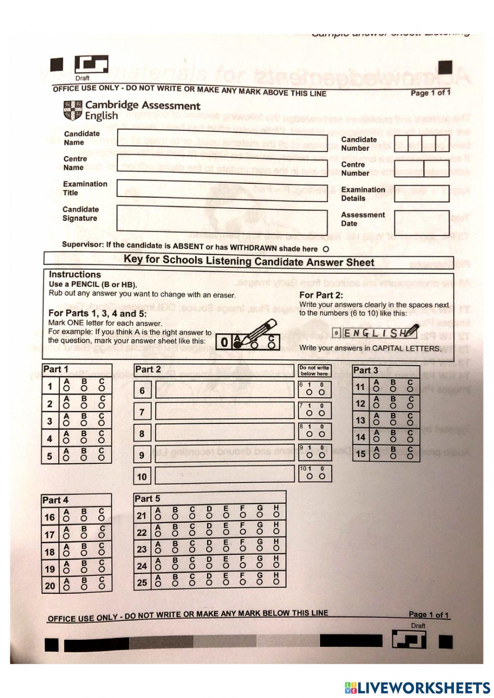 A2 Listening Answer Sheet Test 1 Second Edition Book online exercise ...