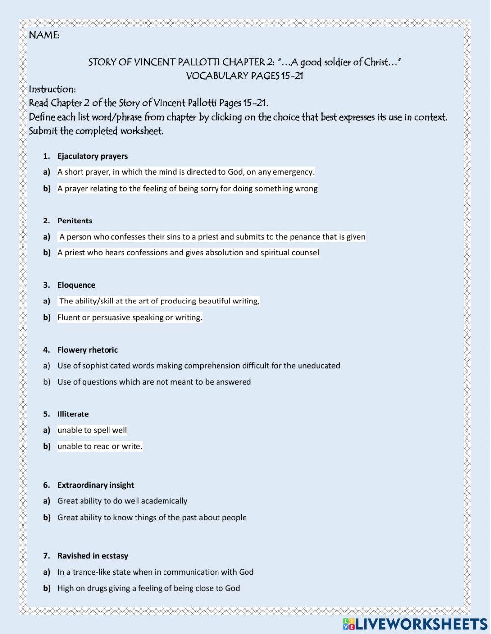Story of Vincent Pallotti Chapter 2 Pages 15-21 Vocabulary online ...