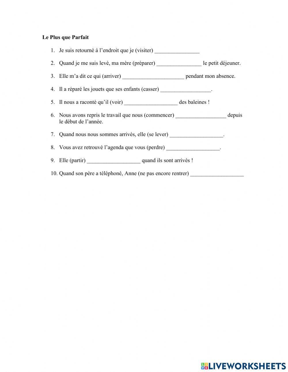 Plus que Parfait | Free Interactive Worksheets | 900466