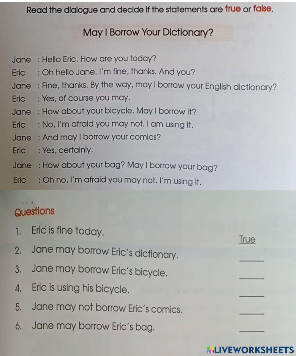 May I Borrow Your Dictionary ? worksheet | Live Worksheets