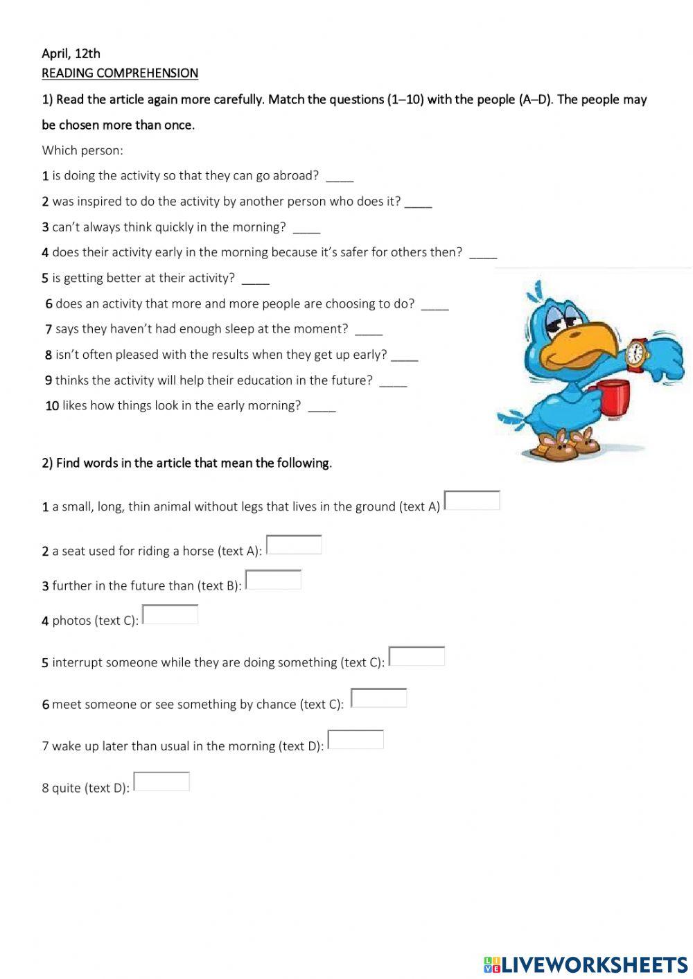 Reading online exercise for PET | Live Worksheets