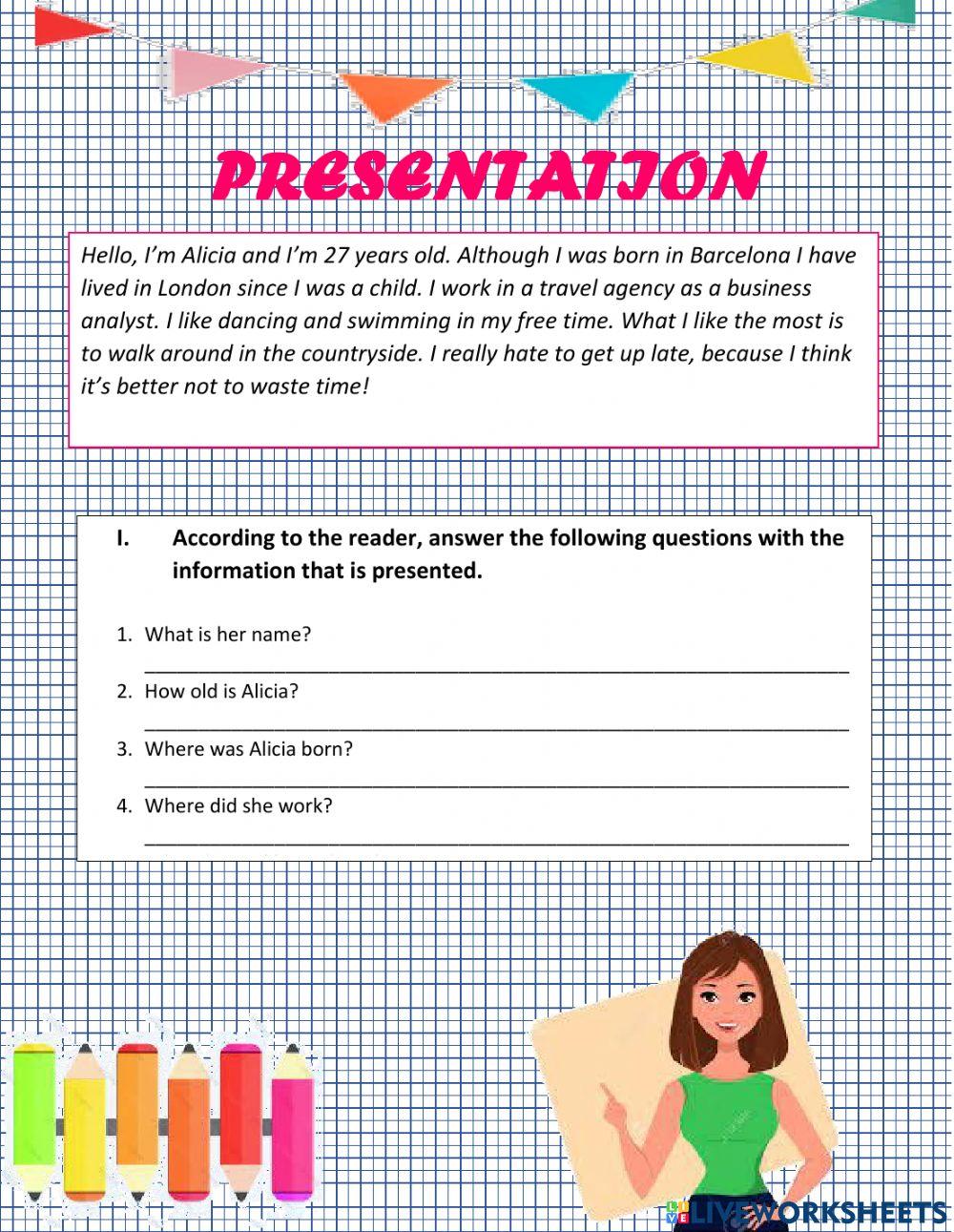 Presentation exercise for 5 | Live Worksheets