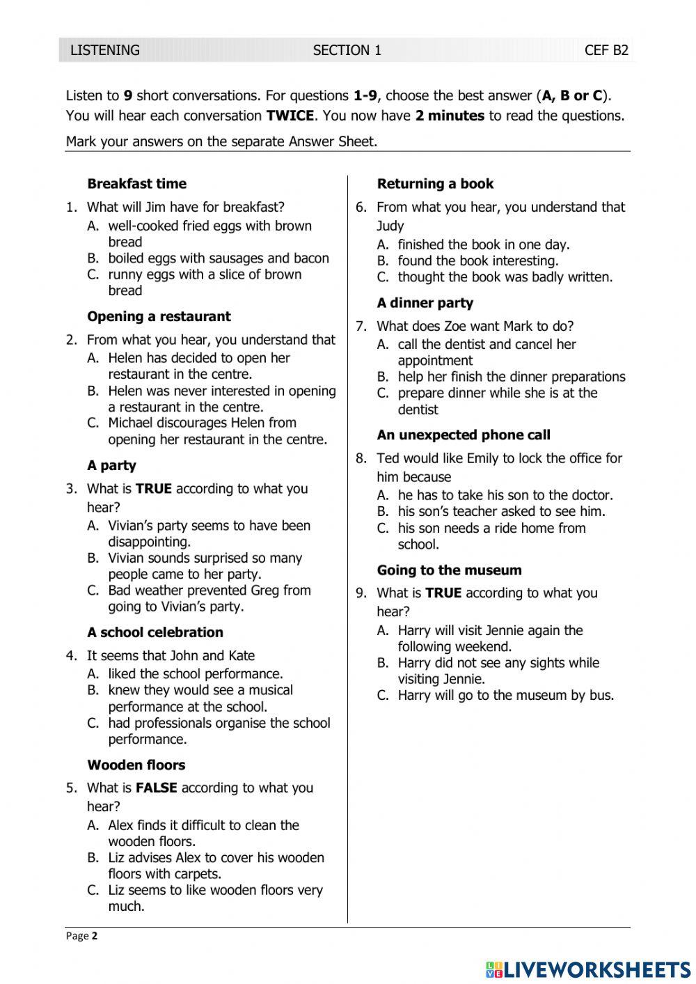LRN B2 JANUARY 2019 LISTENING worksheet | Live Worksheets
