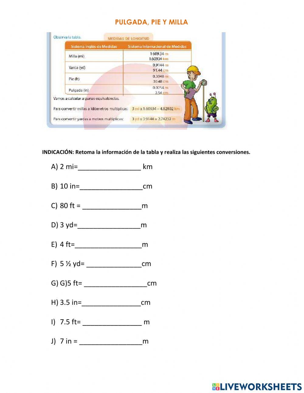 PULGADA, PIE Y MILLA online exercise for | Live Worksheets