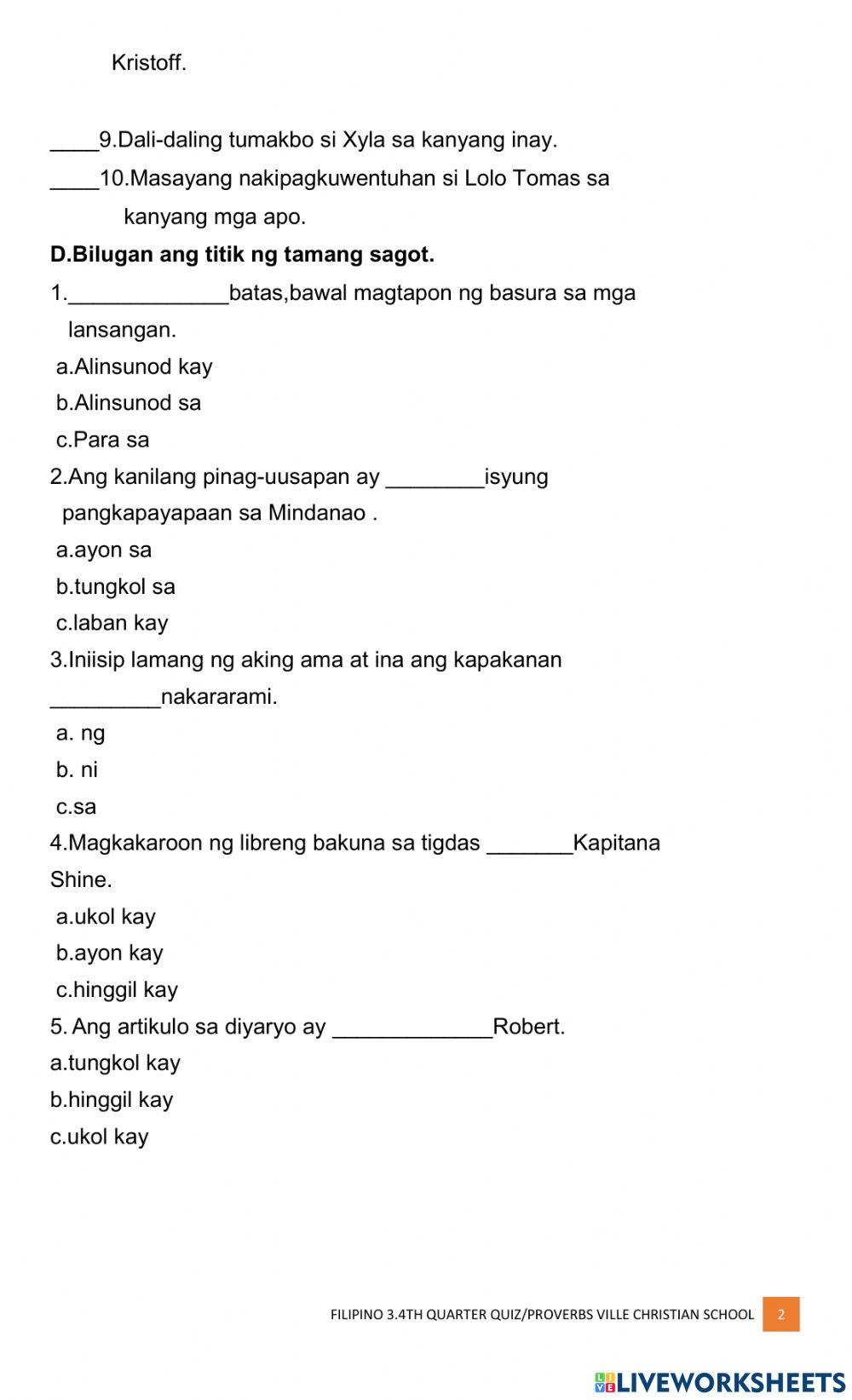 FILIPINO 3 2nd Quiz.4th Quarter online exercise for | Live Worksheets