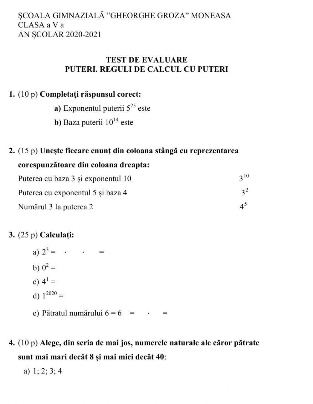 4952465 | Test - Puteri. Reguli de calcul cu puteri