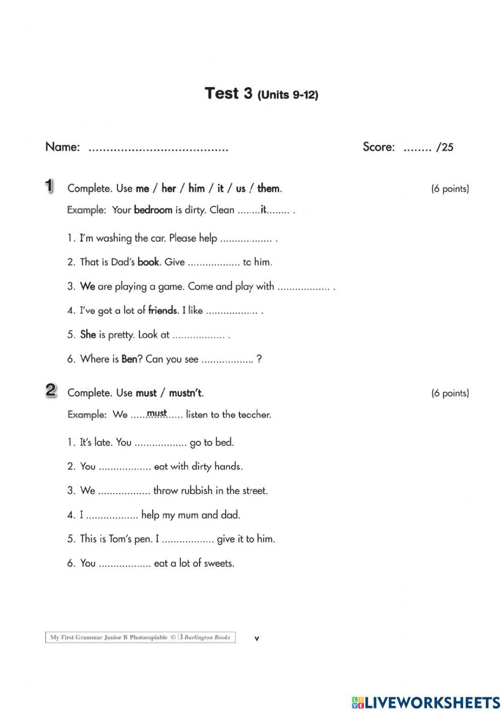 MY FIRST GRAMMAR JUNIOR B TEST 9 - 12 online exercise for | Live Worksheets