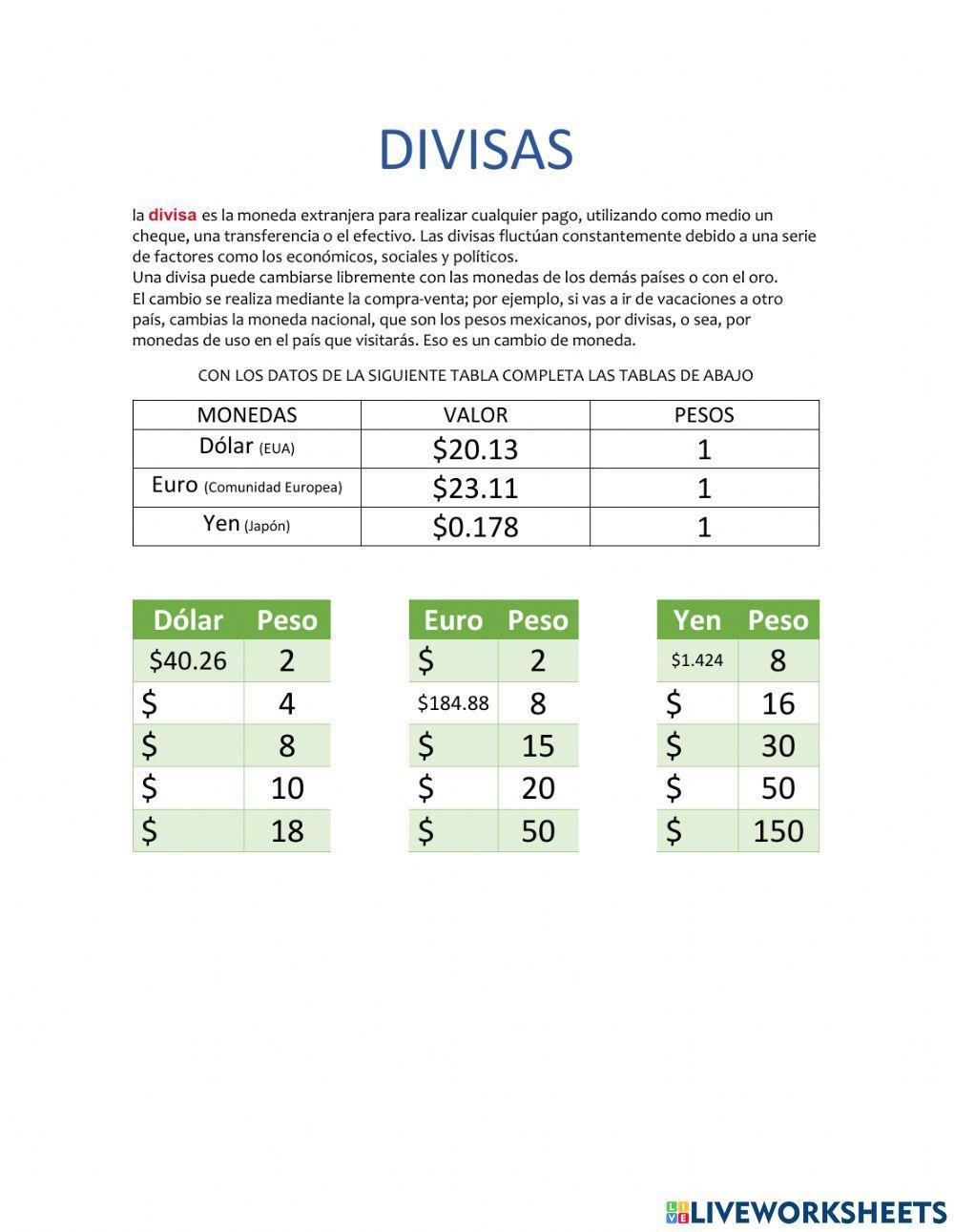 Divisas interactive worksheet | Live Worksheets