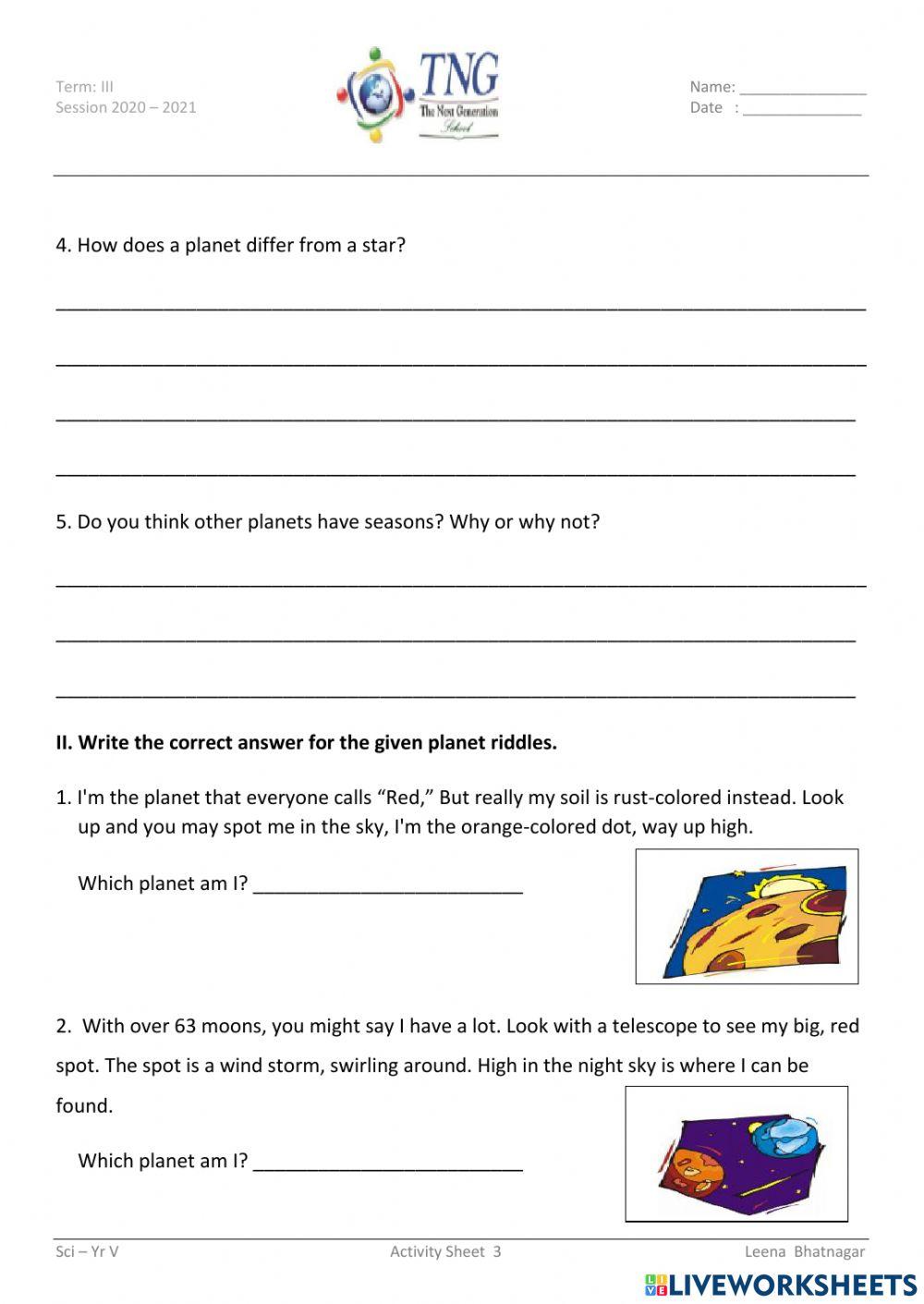 Exploring Our Solar System Worksheet