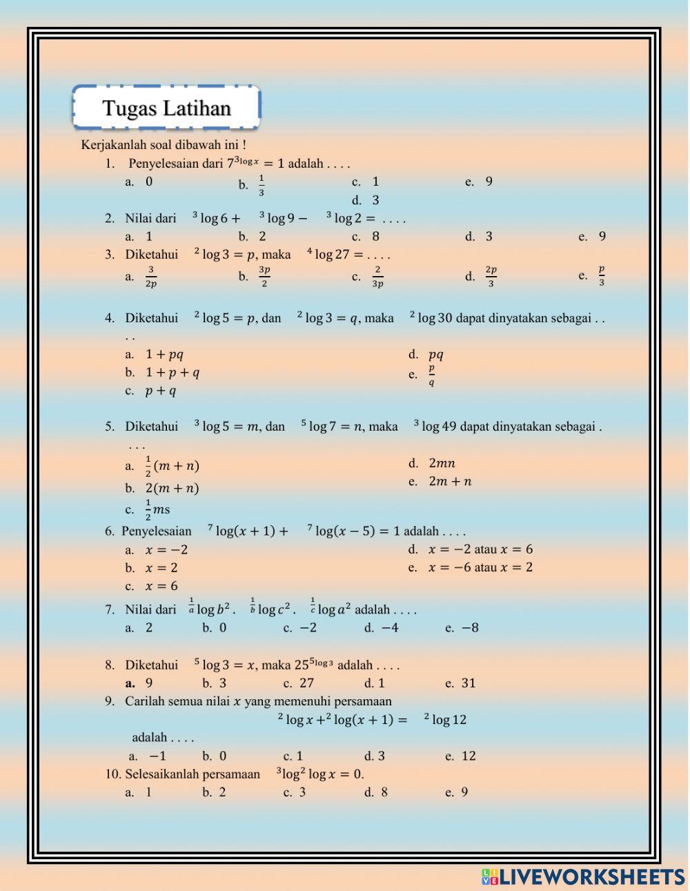 Logaritma | Live Worksheets