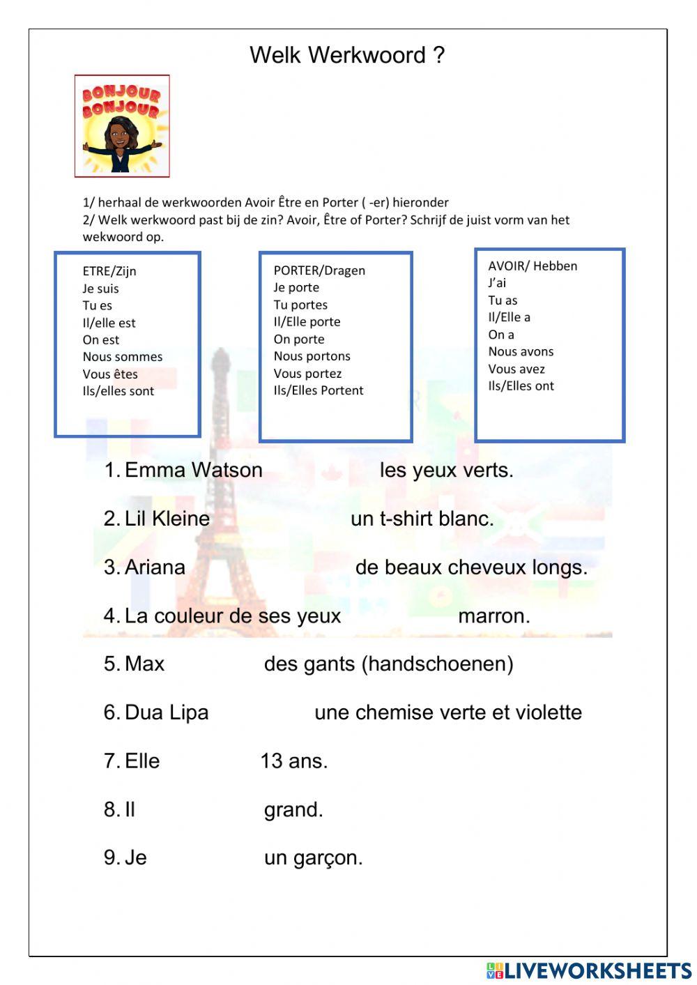 Avoir, Etre , p… | Free Interactive Worksheets | 909811