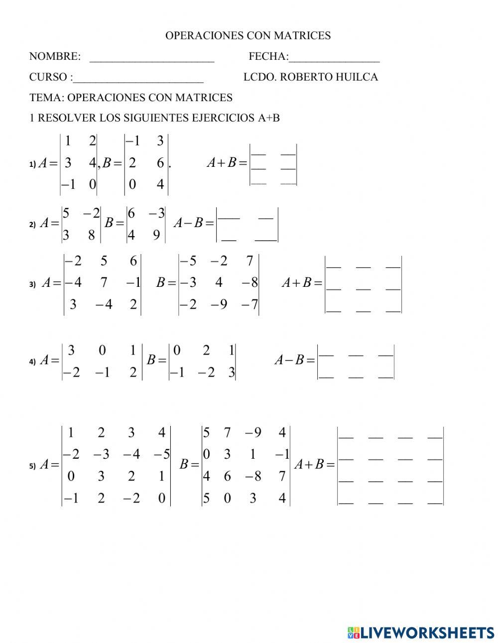 SUMA Y RESTA DE MATRICES online exercise for | Live Worksheets