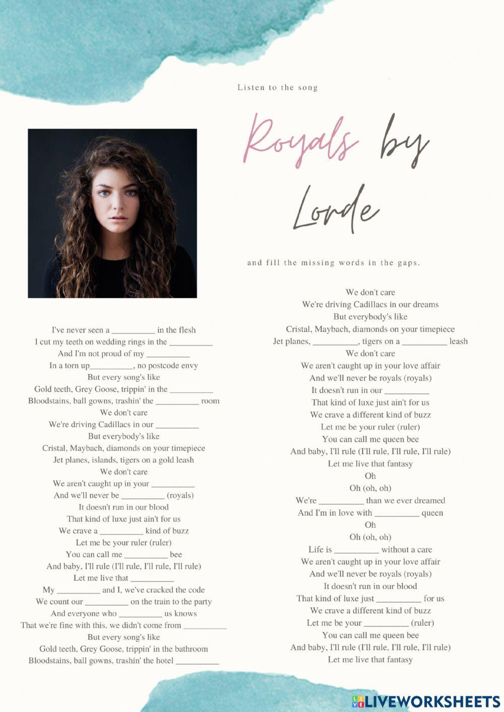 Lorde - Royals online exercise for | Live Worksheets