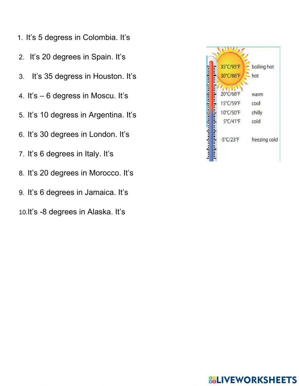 Telling the temperature worksheet | Live Worksheets