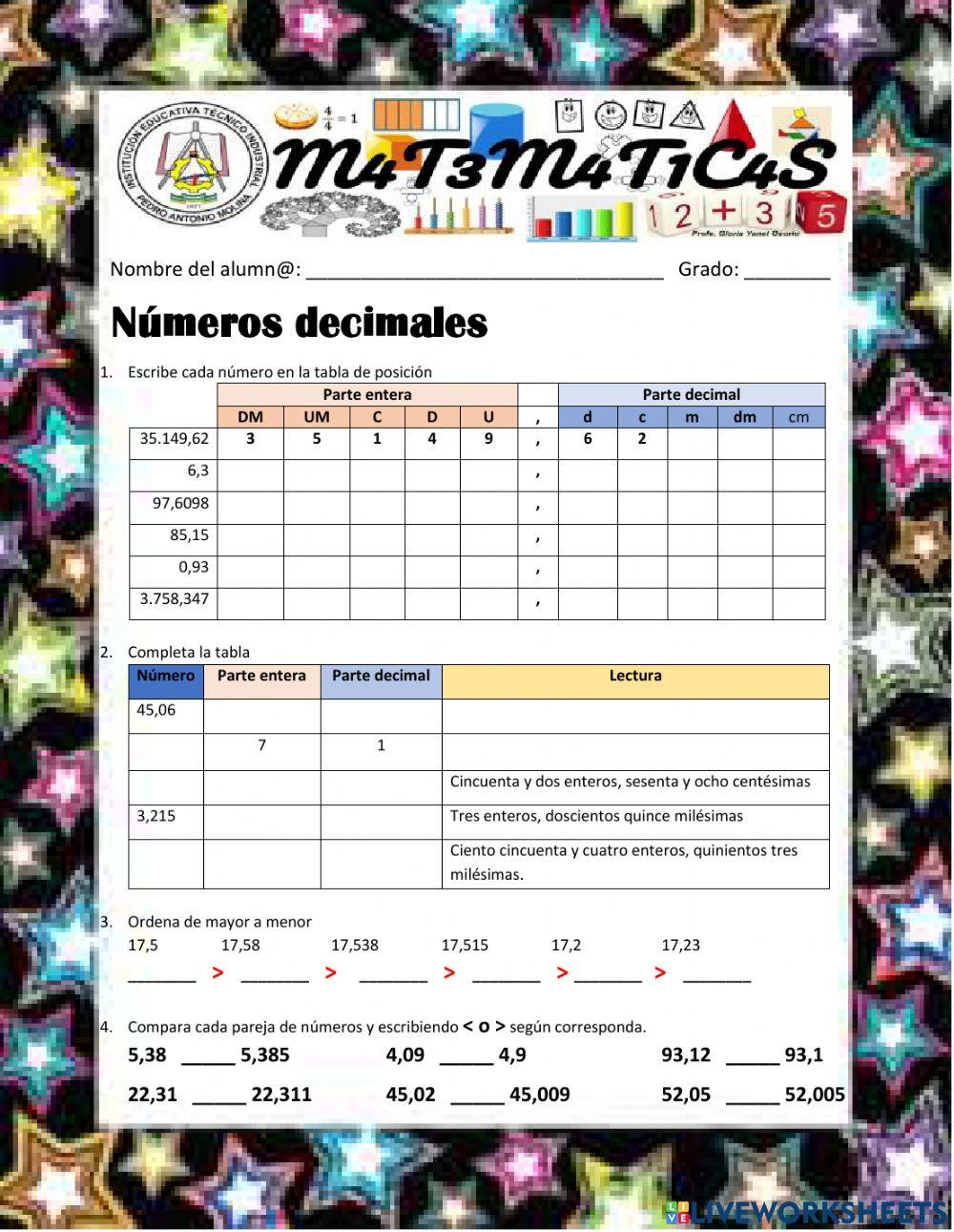 Décimas, centésimas y milésimas- Comparación de números
