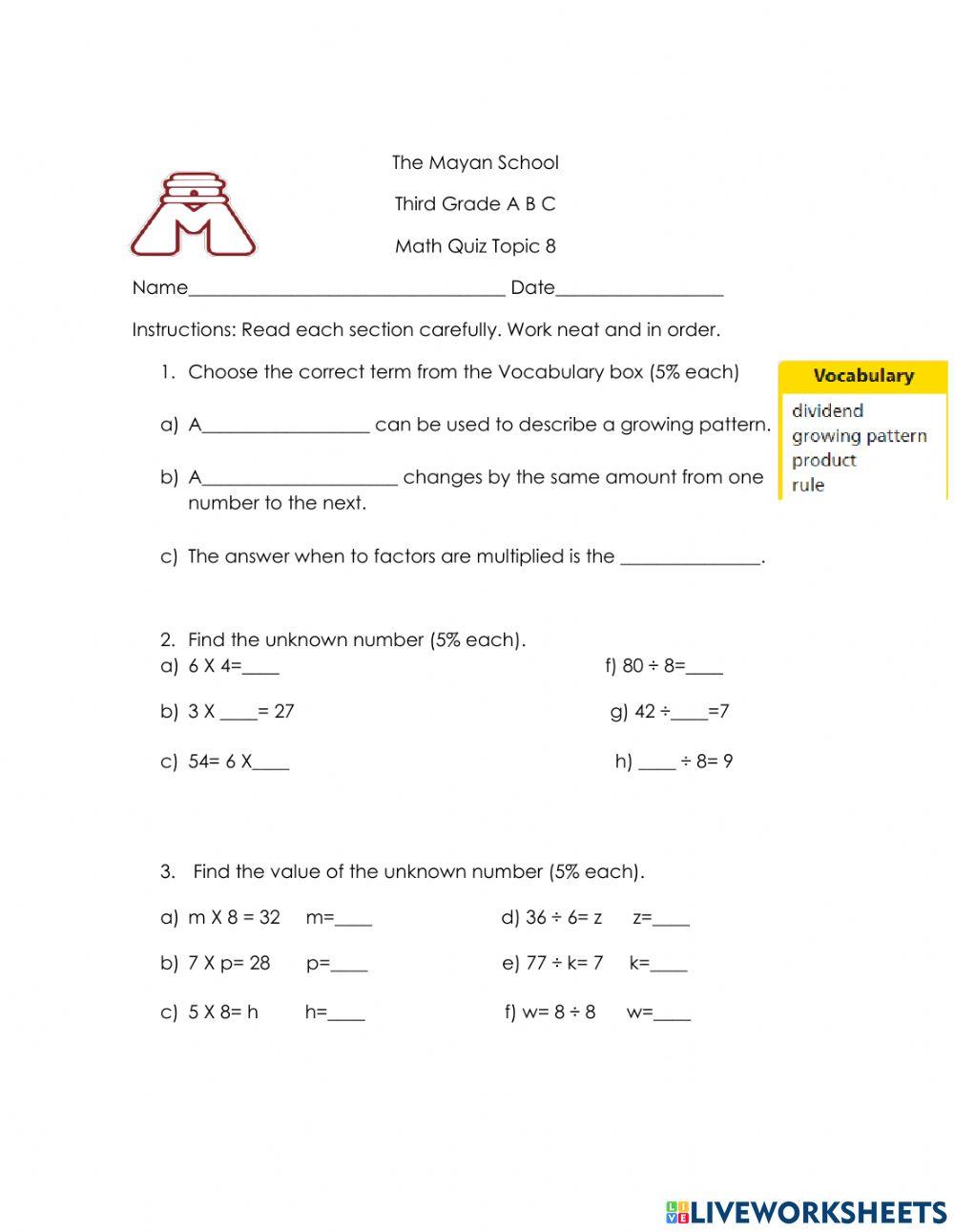 Quiz Topic 8 online exercise for | Live Worksheets